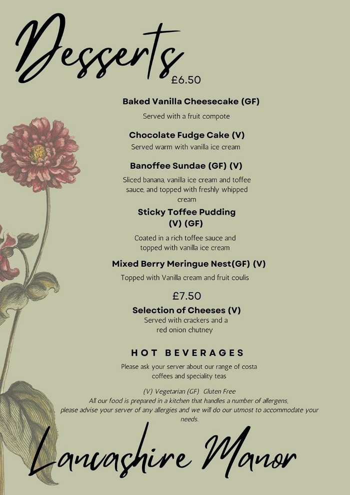Dining Menus | Lancashire Manor Hotel