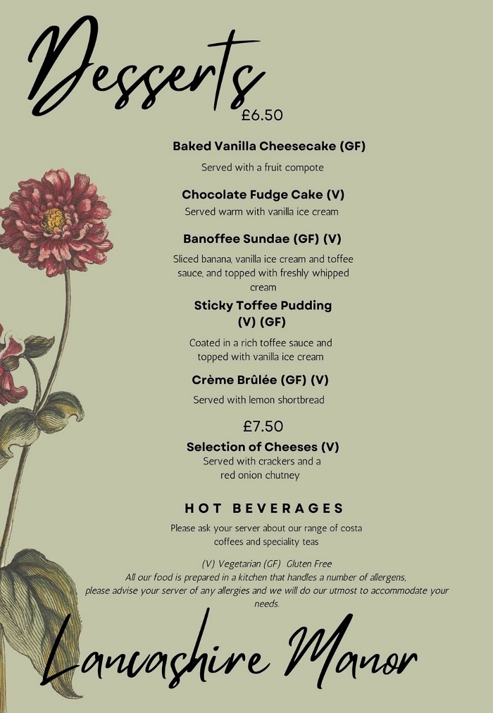 Dining Menus | Lancashire Manor Hotel