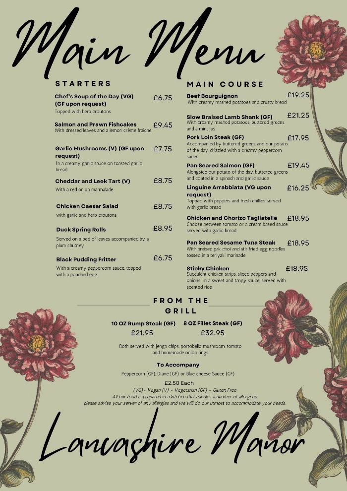 Dining Menus | Lancashire Manor Hotel