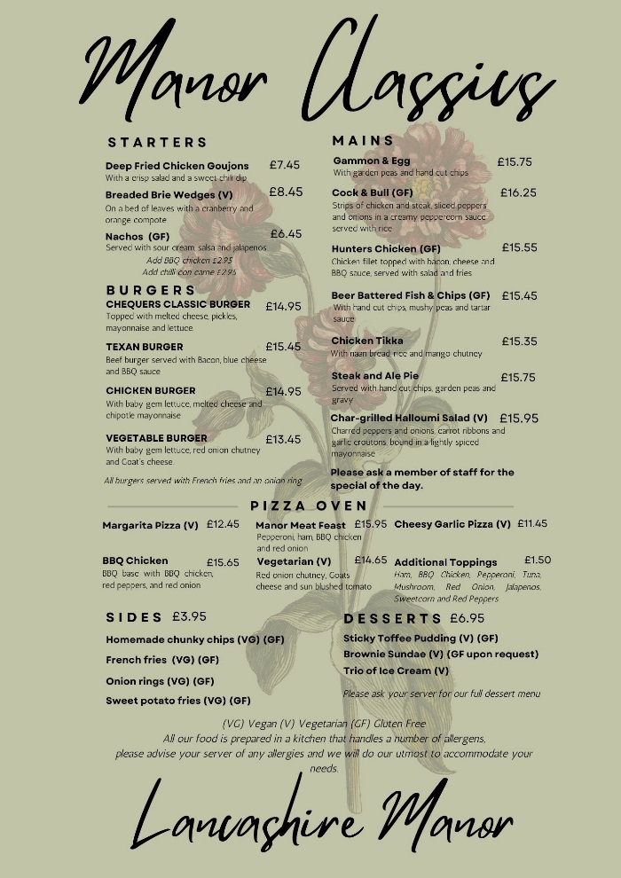 Dining Menus | Lancashire Manor Hotel